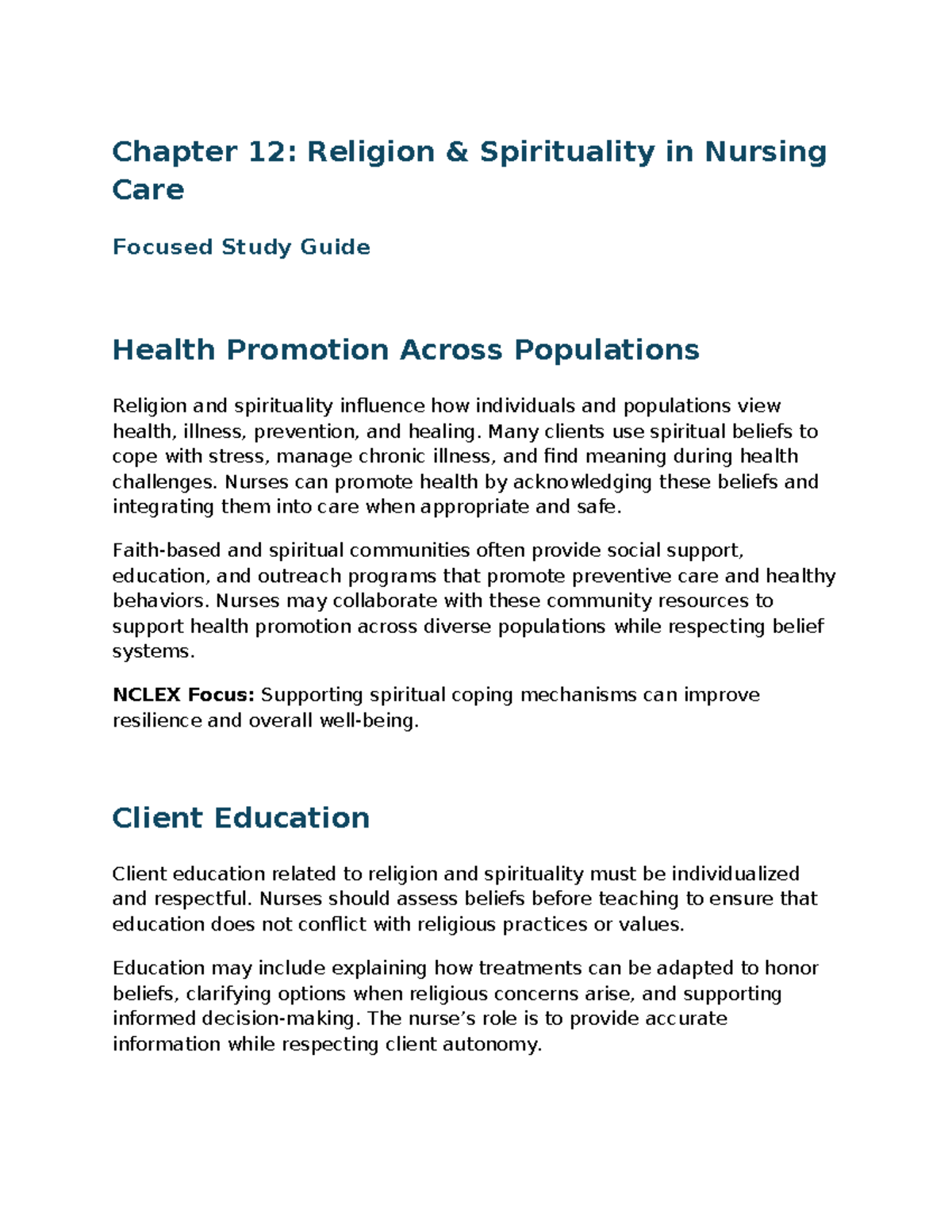Chapter 12 Study Guide: Religion & Spirituality in Nursing Care for ...