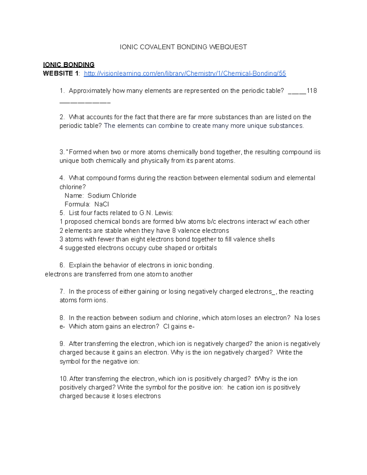 Web Quest - Ionic & Covalent Bonding Study Guide - Studocu