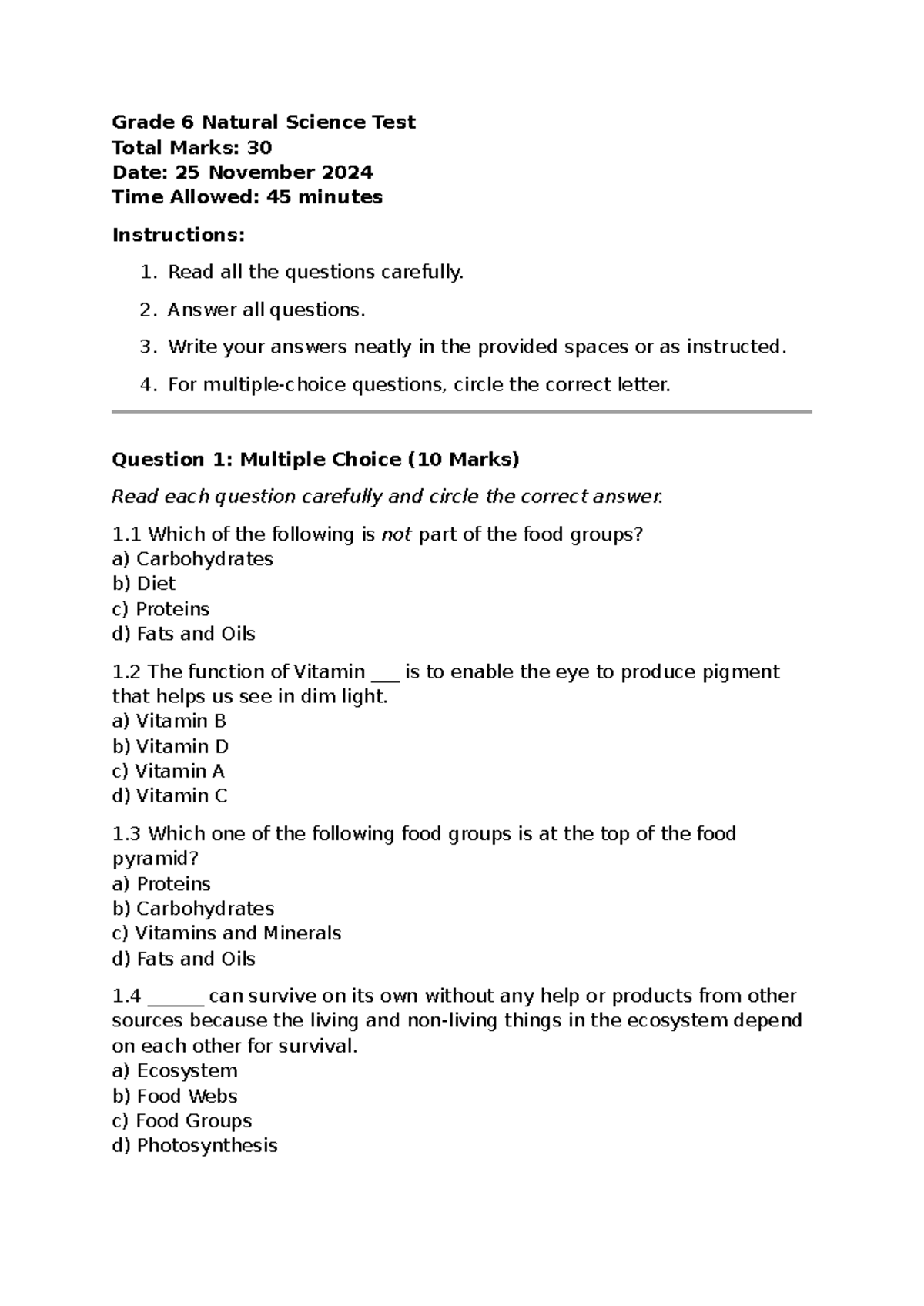 Grade 6 Natural Science Test - Read all the questions carefully. 2 ...