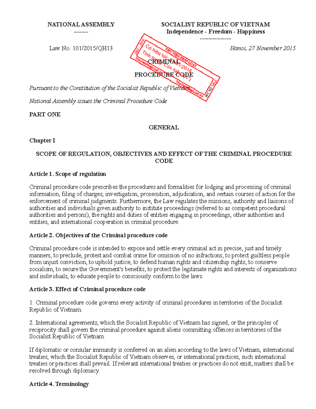 Criminal Procedure Code Overview - Law No. 27/2015 VN - Studocu