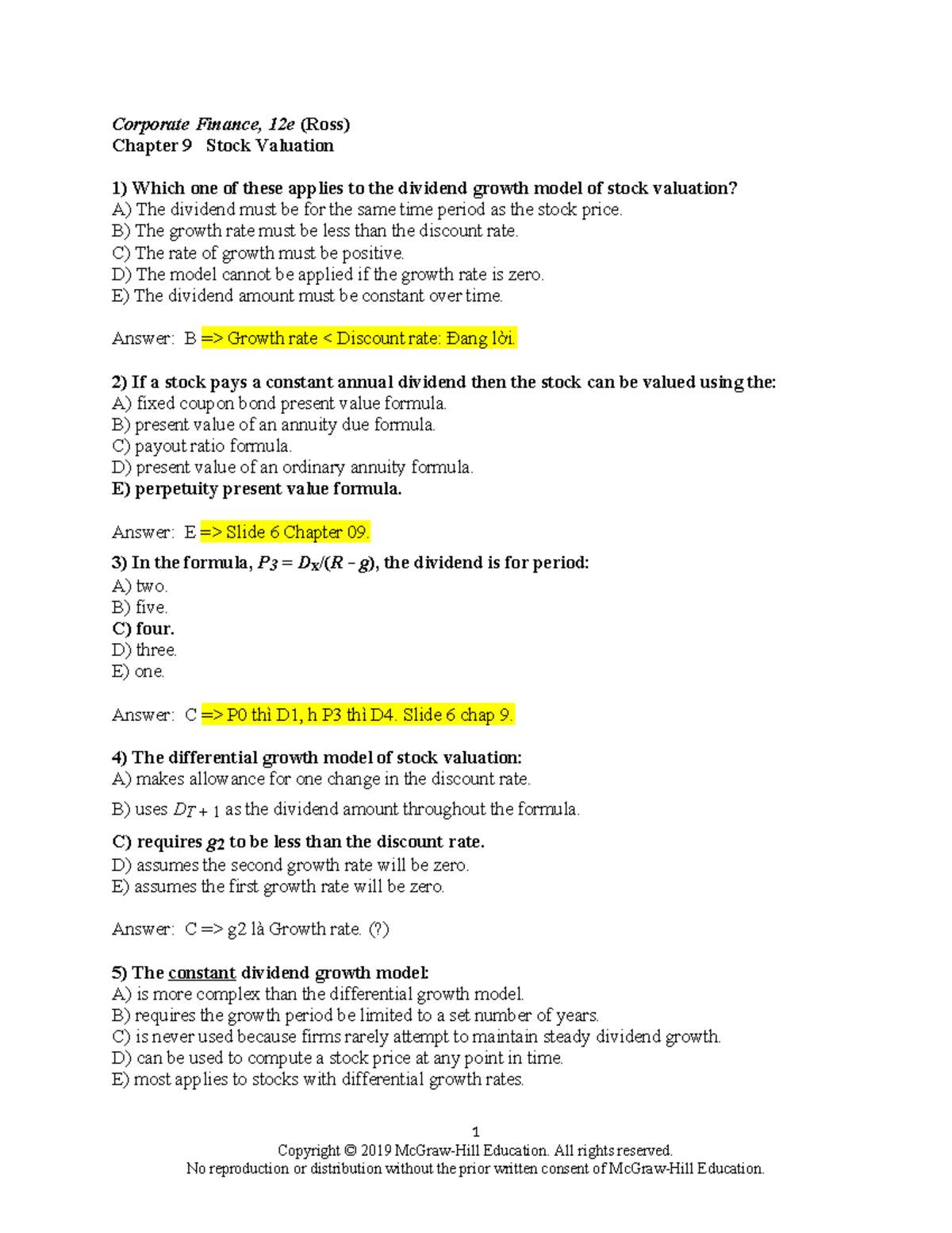 CF Chapter 09 Stock Valuation Answer Key and Explanations - Studocu