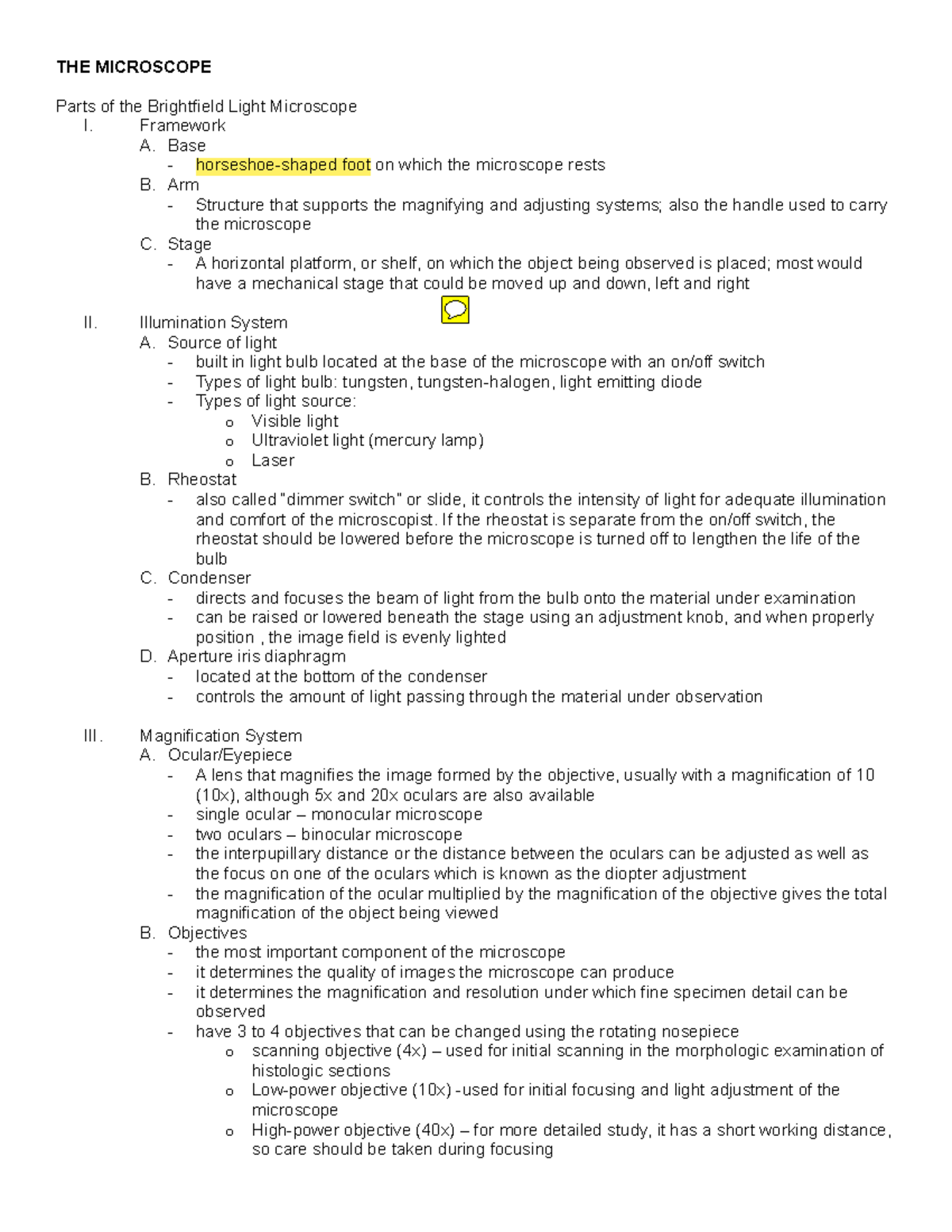 Brightfield Light Microscope Parts Overview - BIOL 101 Notes - Studocu