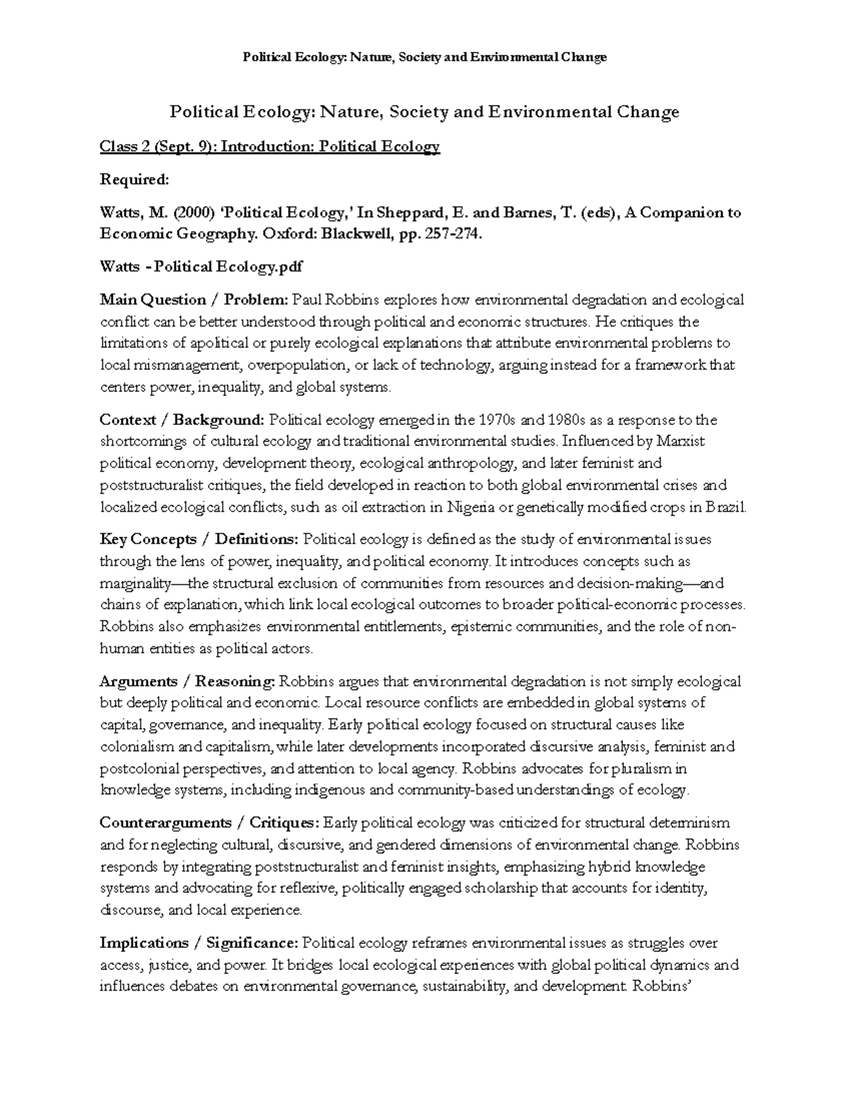 Political Ecology: Nature, Society & Environmental Change Class 2 Notes ...