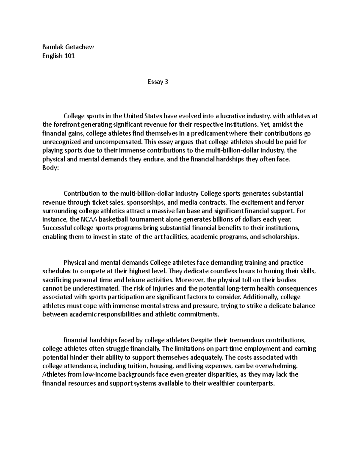 English 101: Essay 3 - The Case for Paying College Athletes - Studocu