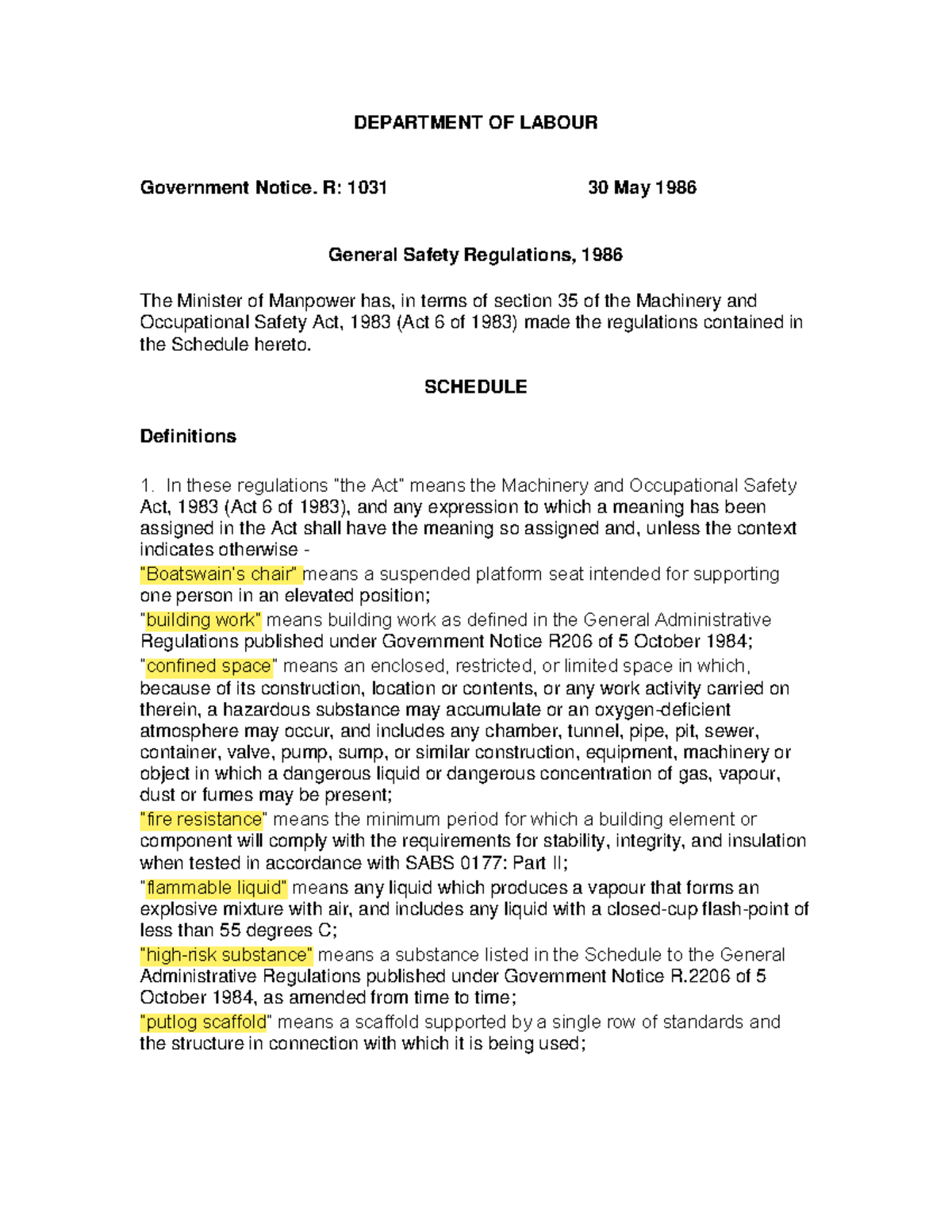 OHS Regulation 1031 - General Safety Guidelines Overview - Studocu