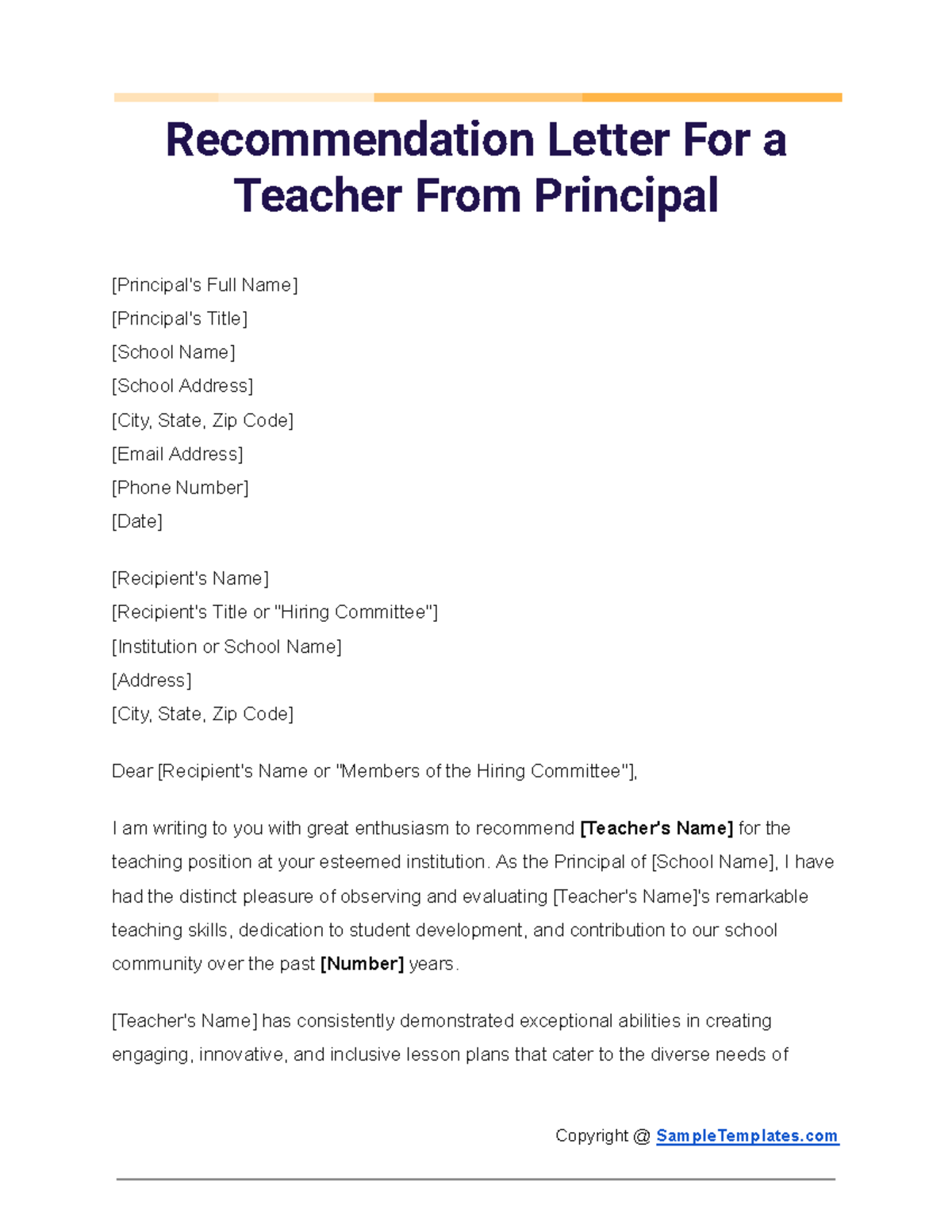 Recommendation Letter for Teacher from Principal - Template - Studocu
