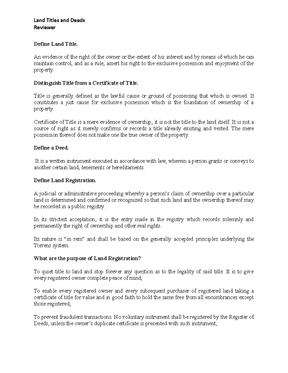 LTD Review - Key Concepts in Land Titles and Deeds - Studocu