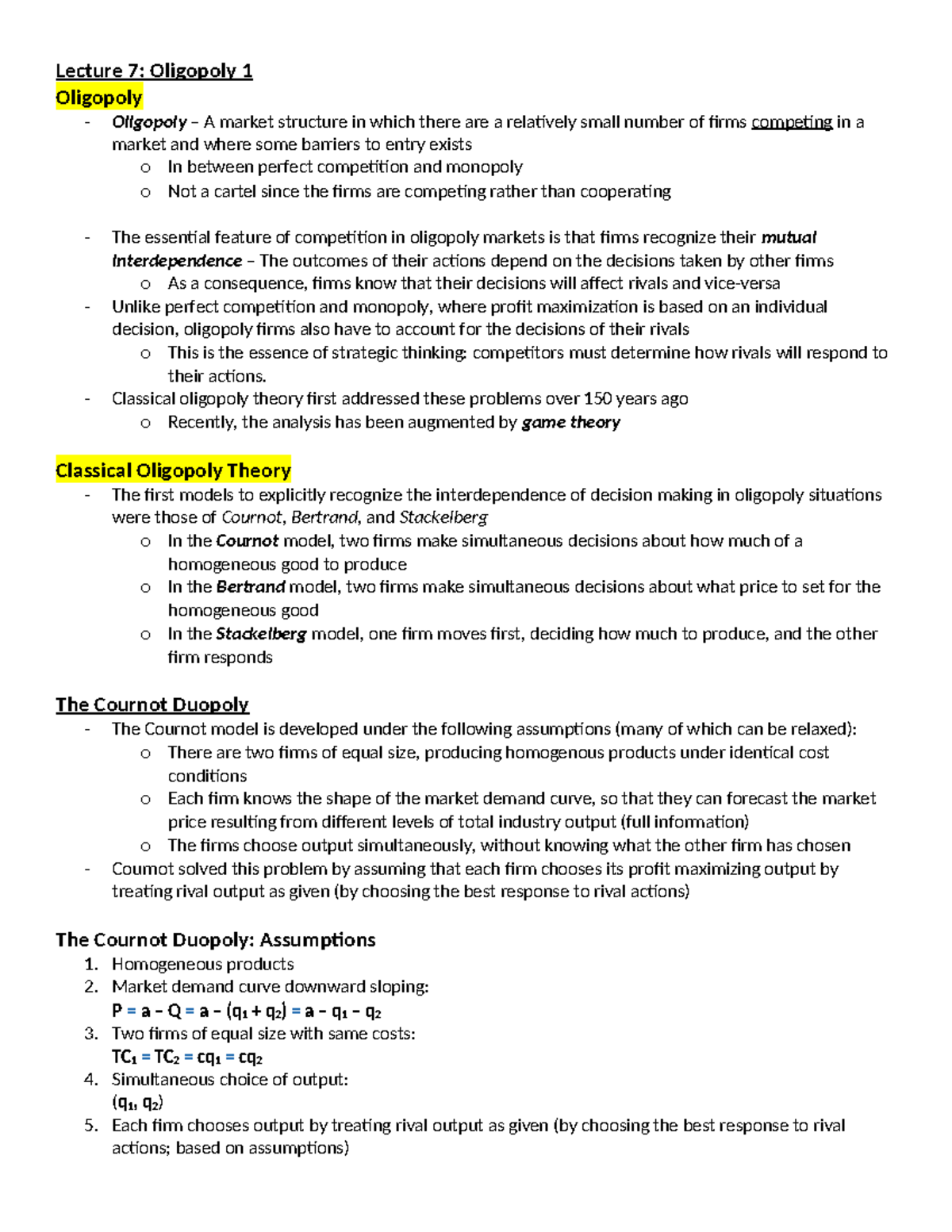 Lecture 7: Oligopoly Theory and Game Theory Insights - Studocu
