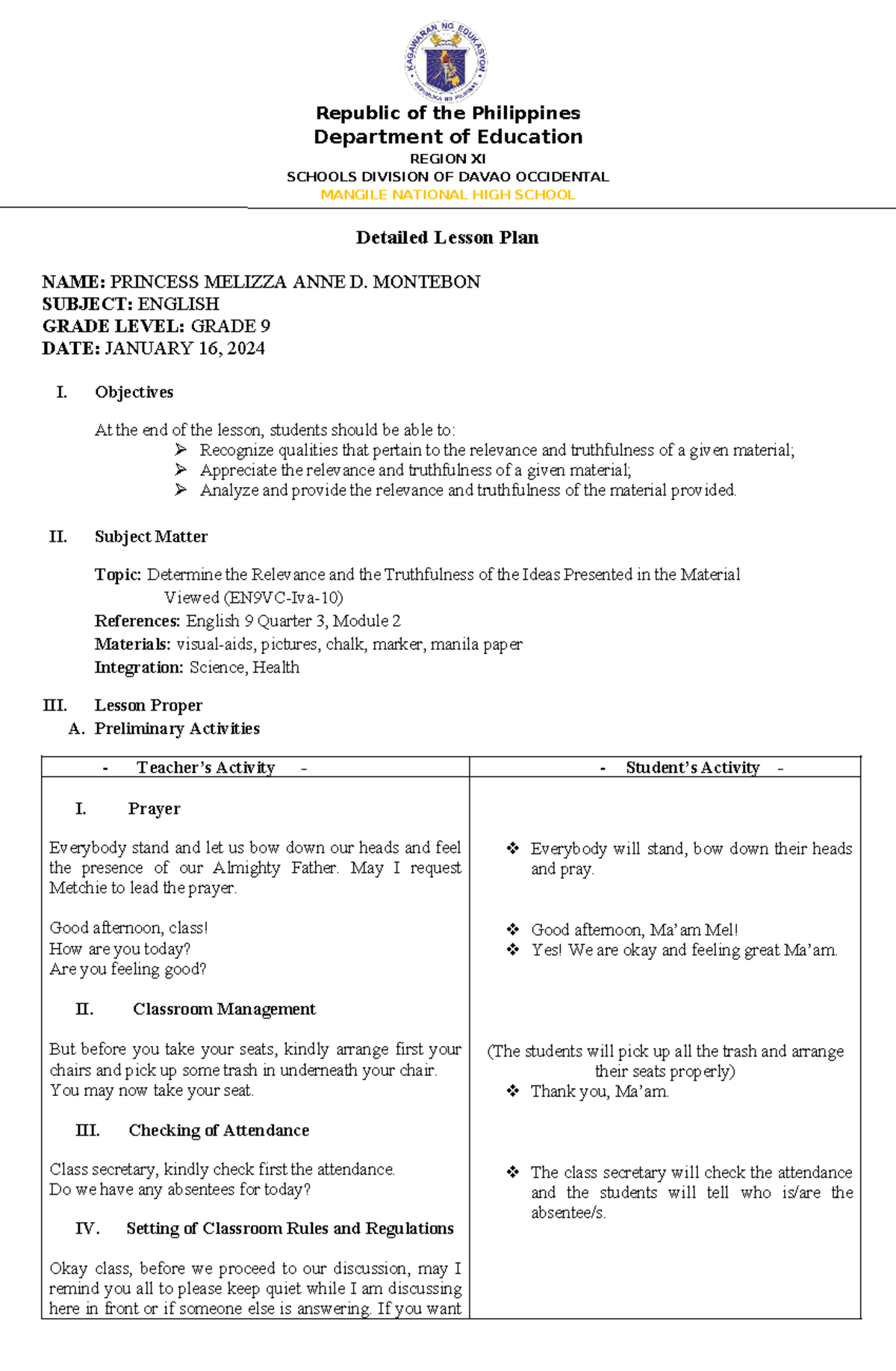 Detailed Lesson Plan for G9 | Analyzing Relevance & Truthfulness - Studocu