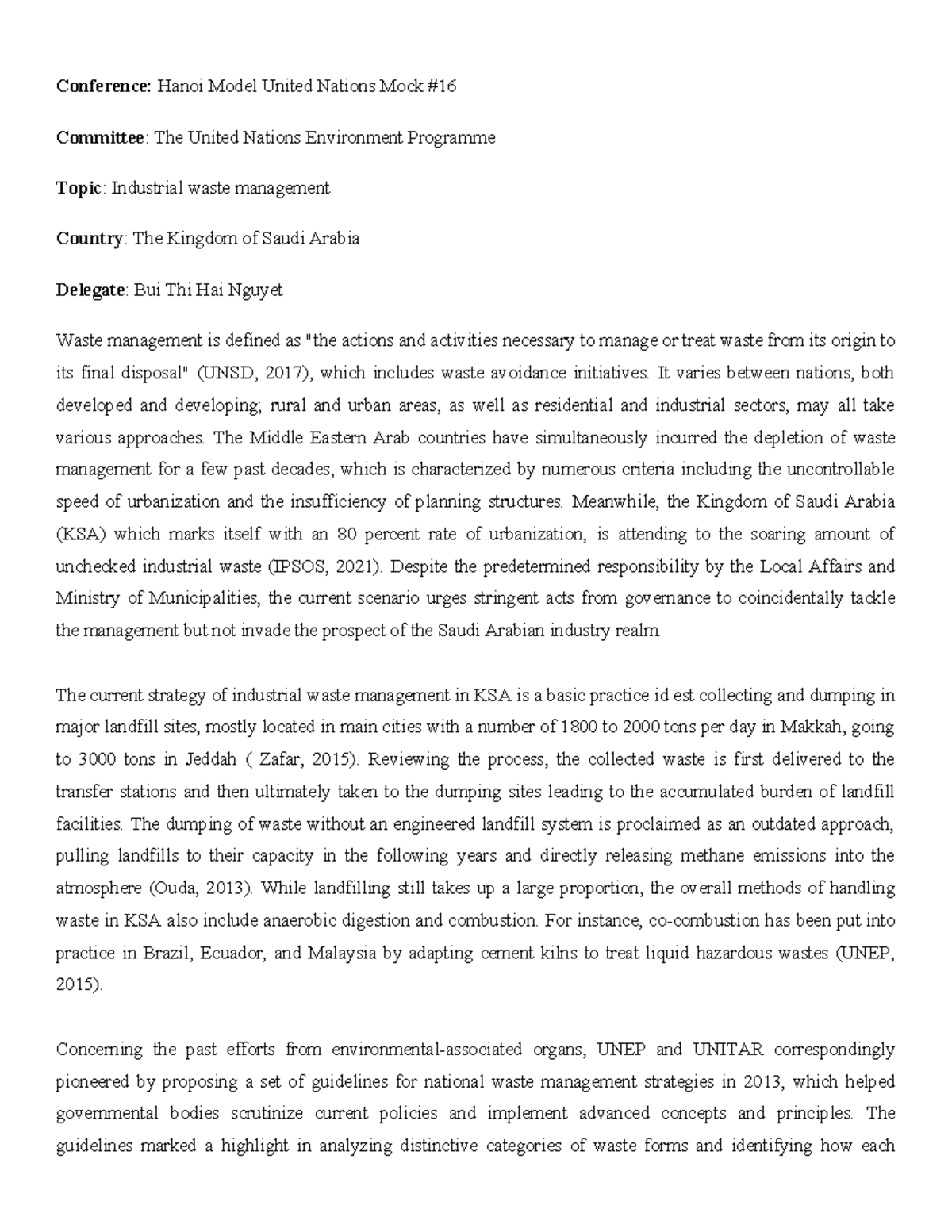 UNEP HMUN Mock#16 Position Paper: Industrial Waste Management in KSA ...