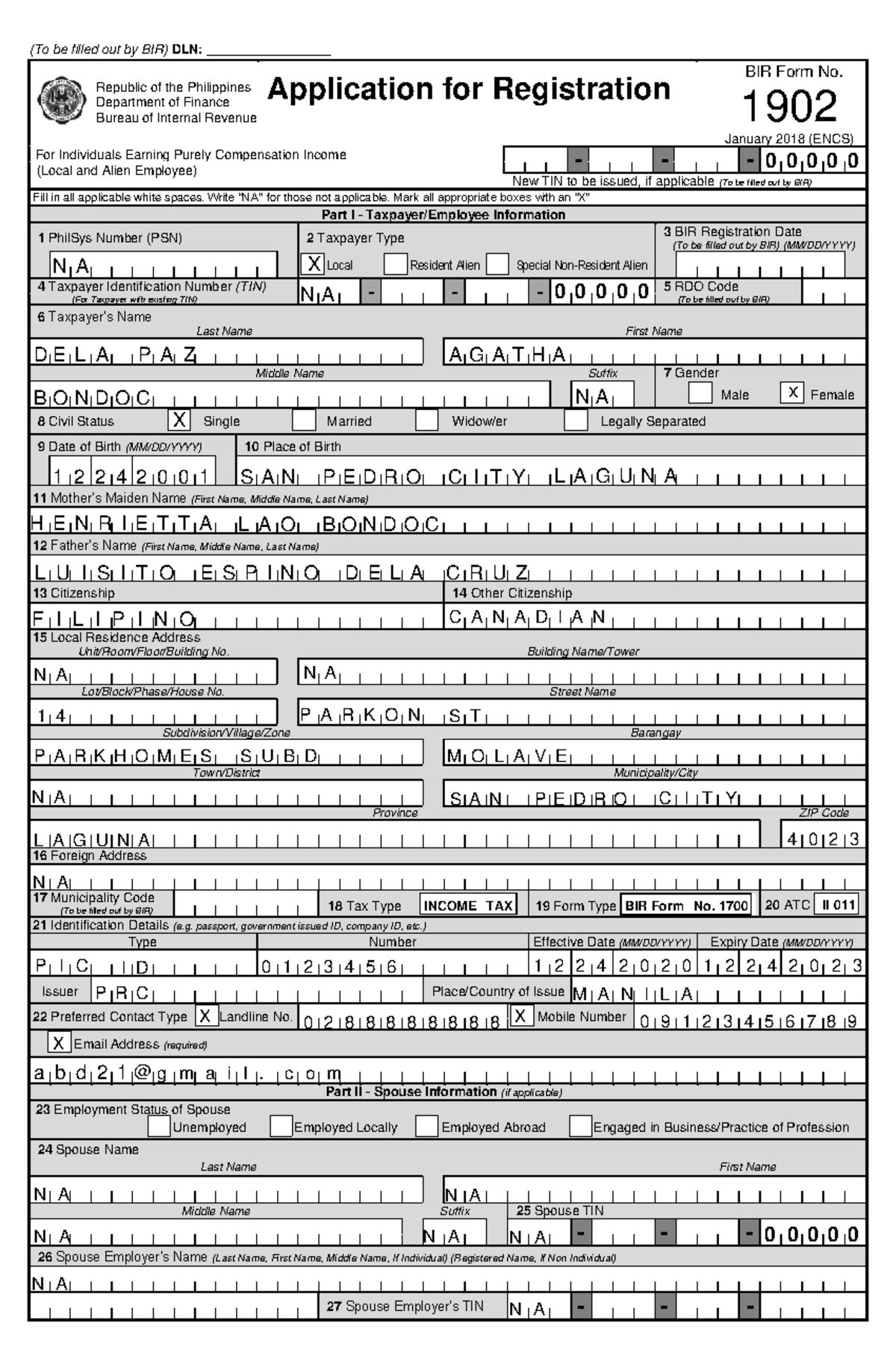 Amores Activity 2 BIR Form 1902 - (To be filled out by BIR) DLN ...