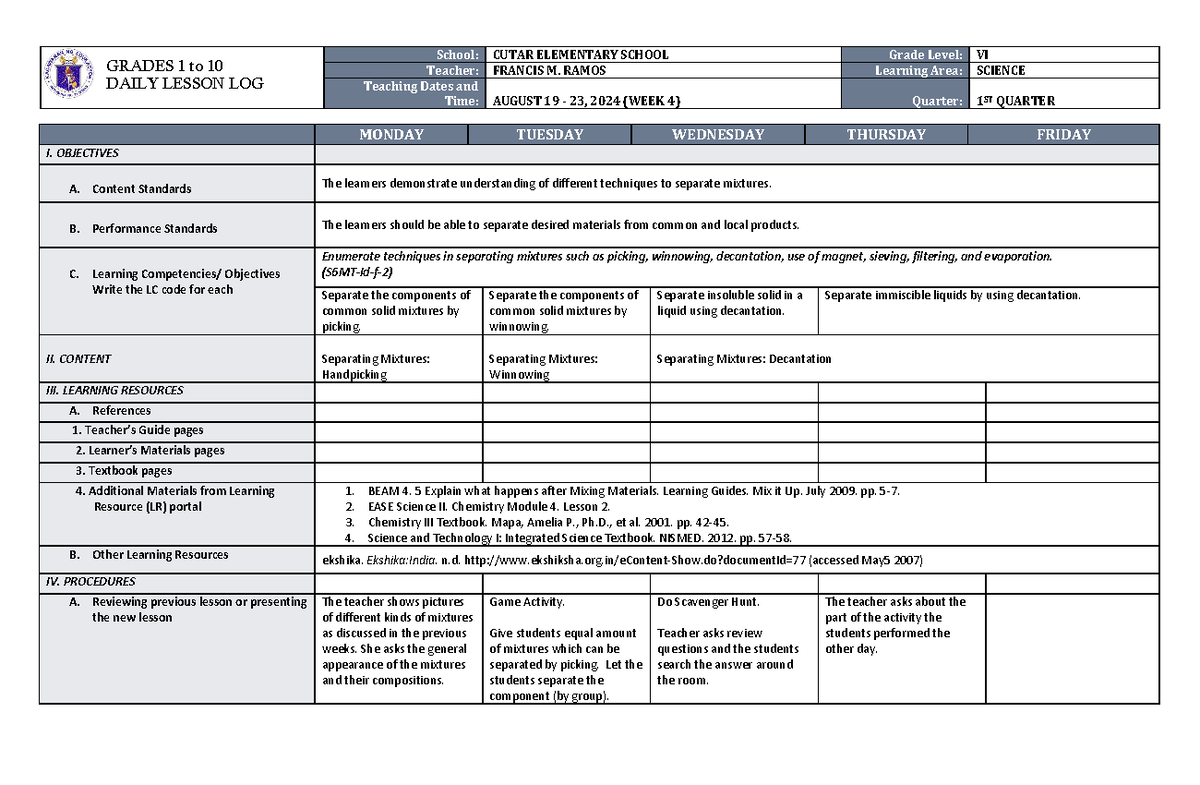 DLL Science 6 Q1 W4 - Separating Mixtures Lesson Plan - Studocu