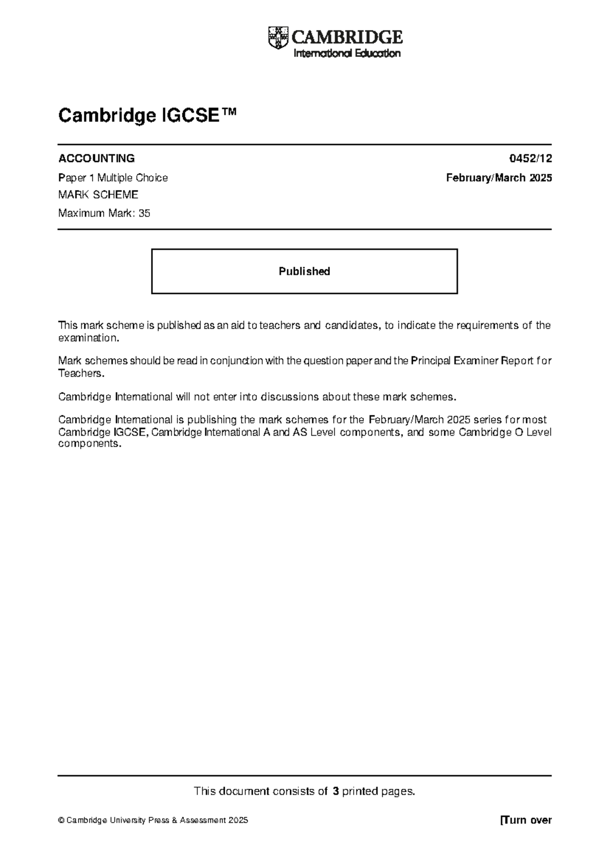 Cambridge ACCOUNTING Paper 1 MCQ Mark Scheme 2025 - Studocu