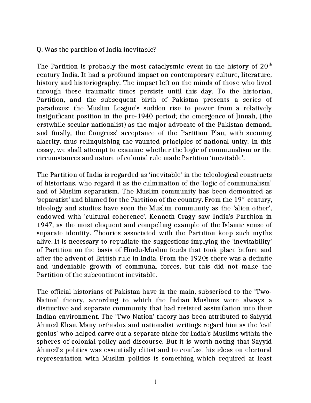 Was the Partition of India Inevitable? An Analytical Essay - Studocu