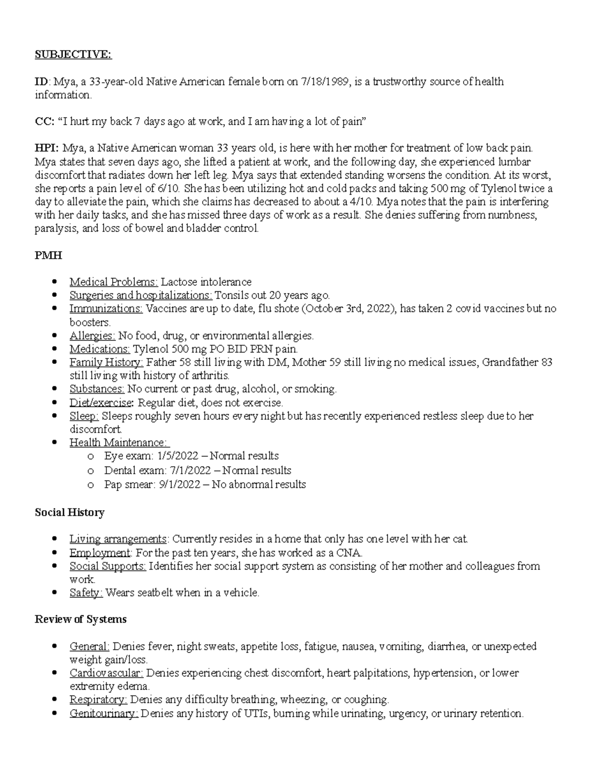 Adult MSK SOAP Note - Low Back Pain Assessment & Plan - Studocu