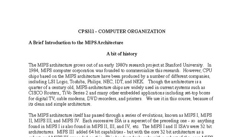 CPS311 COMPUTER ORGANIZATION: MIPS Architecture Overview - Studocu