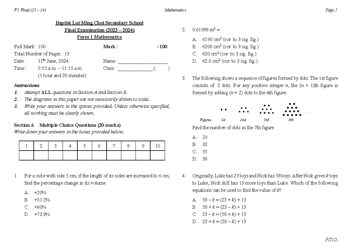 23-24 F.1 Mathematics Final Exam Paper - Studocu