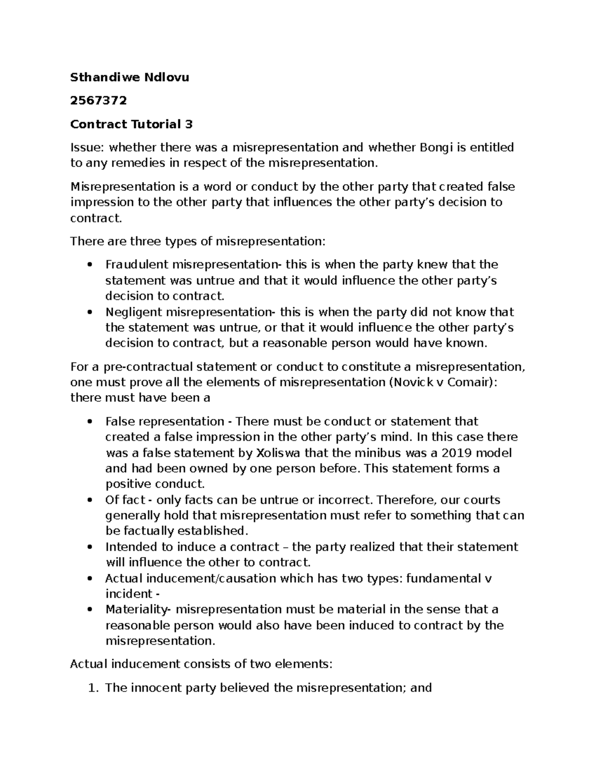 Contract Tutorial 3: Misrepresentation and Remedies Analysis - Studocu