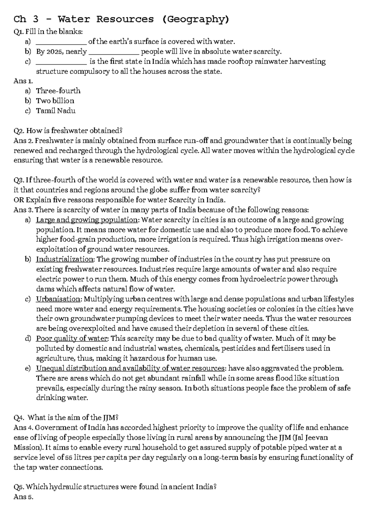 Ch 3 Water Resources (Geography) - Fill in the Blanks & Q&A Guide - Studocu