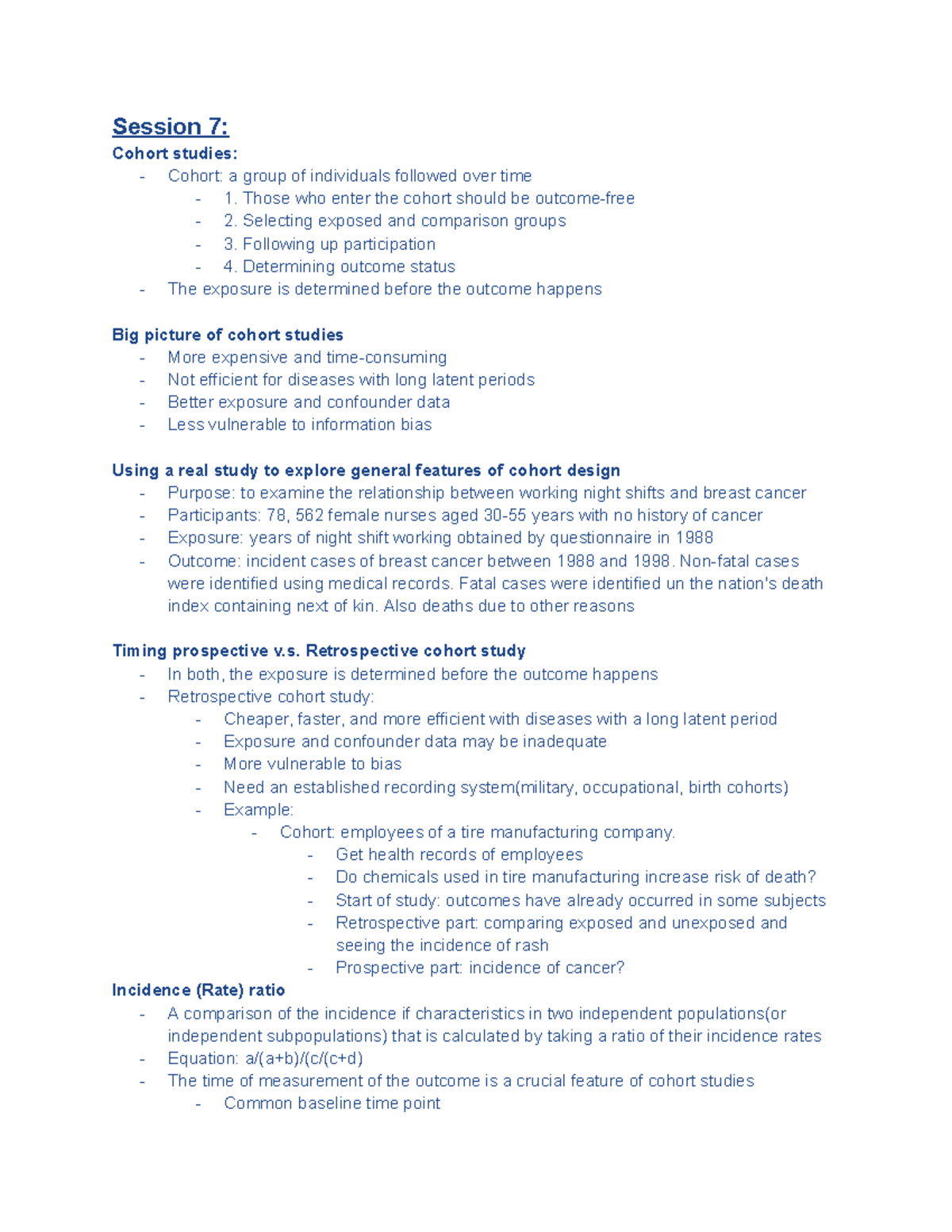 H2801 final notes part 2 - Session 7: Cohort studies: - Cohort: a group ...