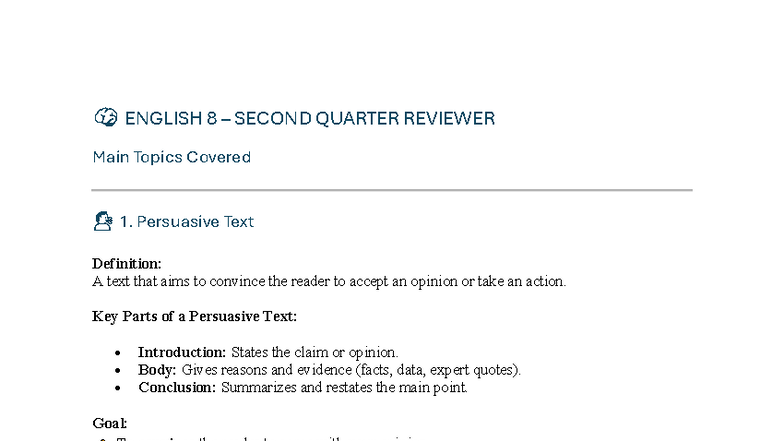 ENGLISH 8 2ND QUARTER REVIEWER: PERSUASIVE TEXT & EVIDENCE - Studocu