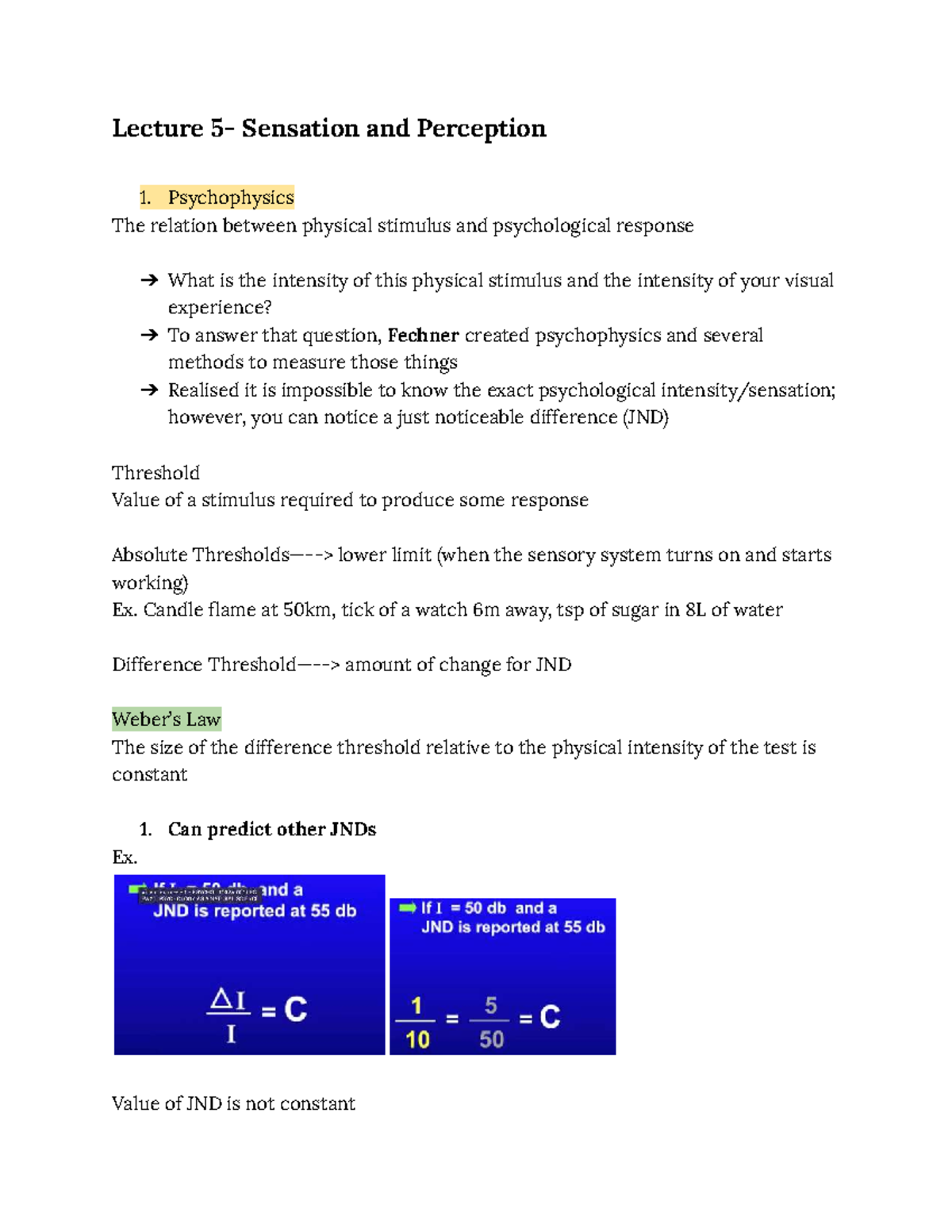 Psych 101: Lecture Notes on Sensation & Perception (Lectures 5-8) - Studocu