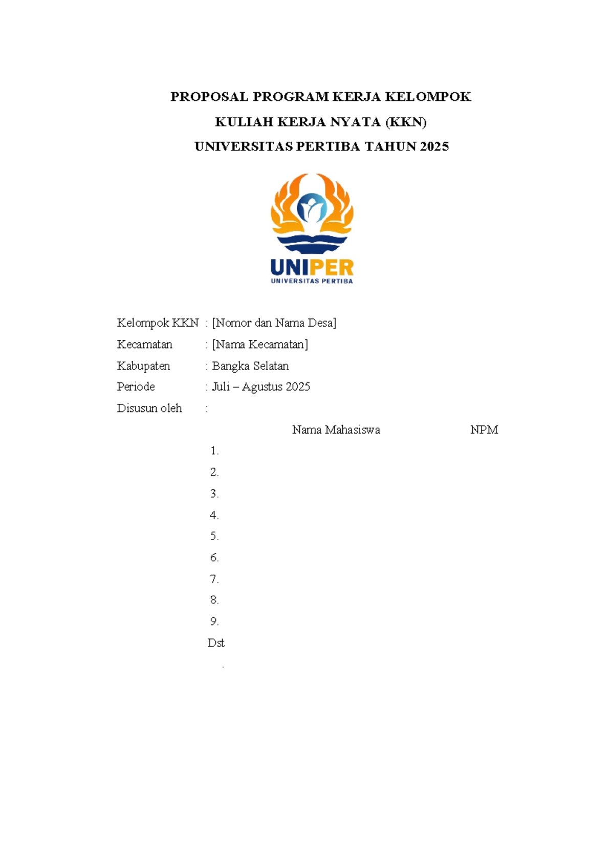 Proposal Program Kerja KKN 2025 Universitas Pertiba di Bangka Selatan ...