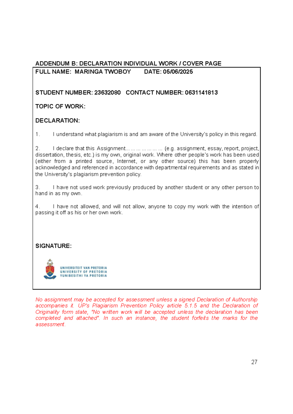JEN 361 Declaration of Originality and Authorship Form - Studocu