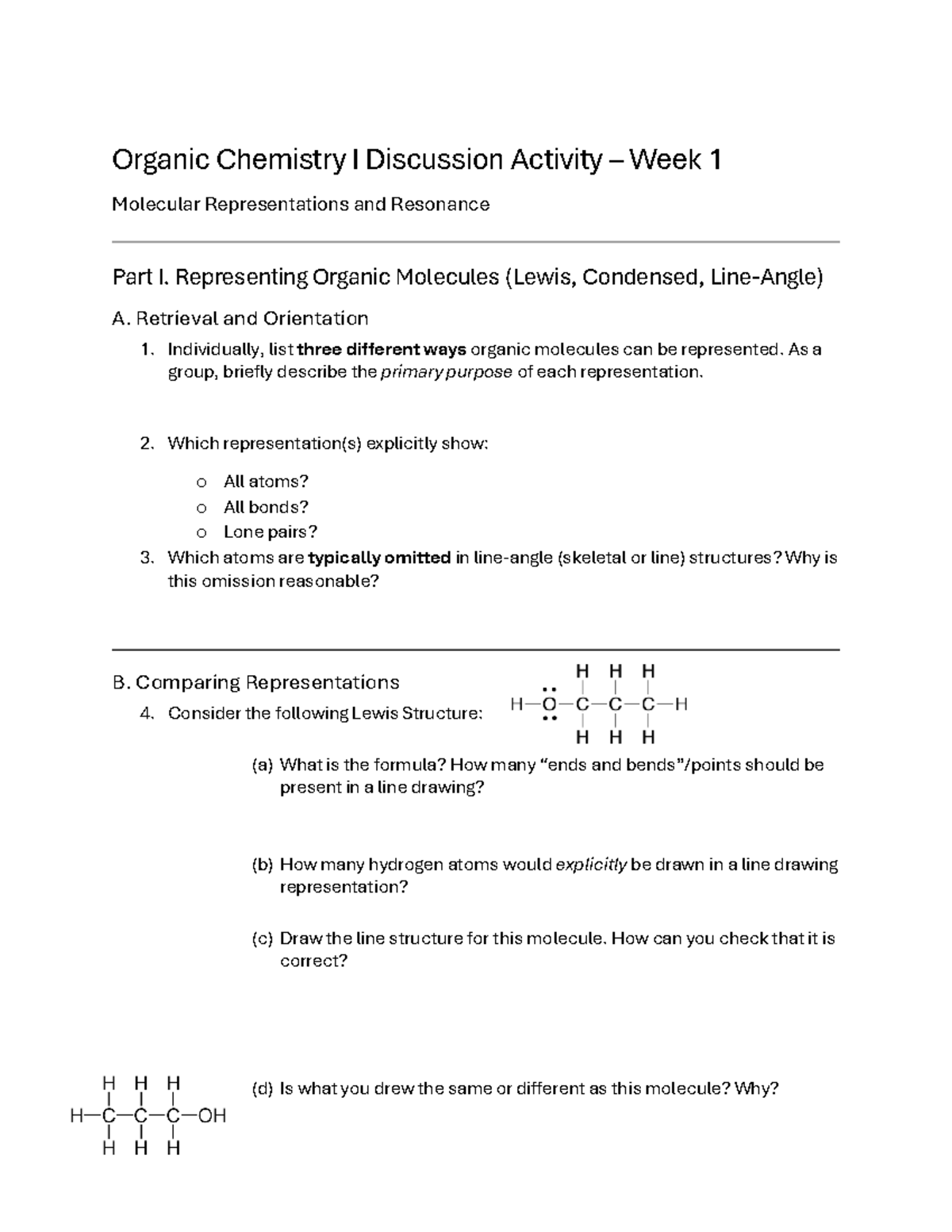 Organic Chemistry I - Week 1 Discussion: Molecular Representations ...