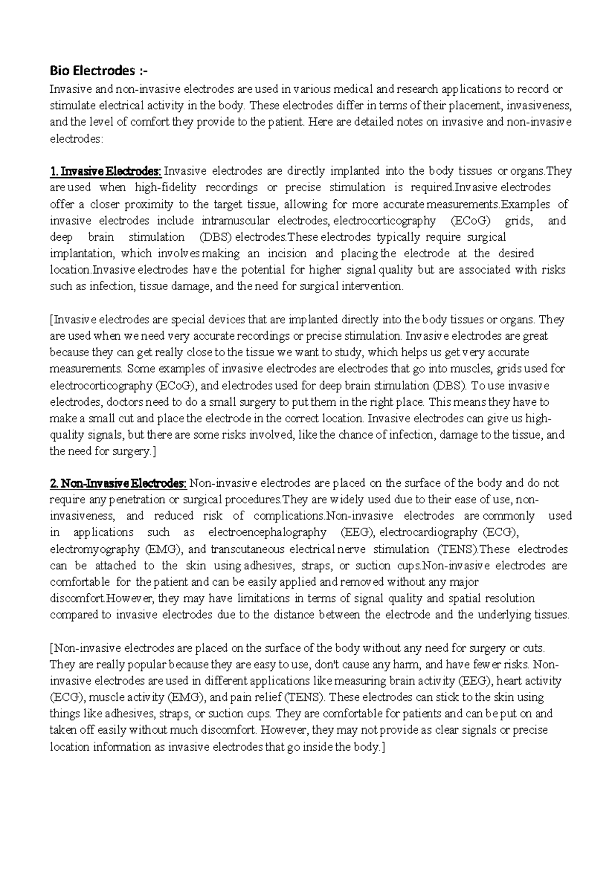 Bioelectrodes - 1st Sem Question - note - Bio Electrodes :- Invasive ...