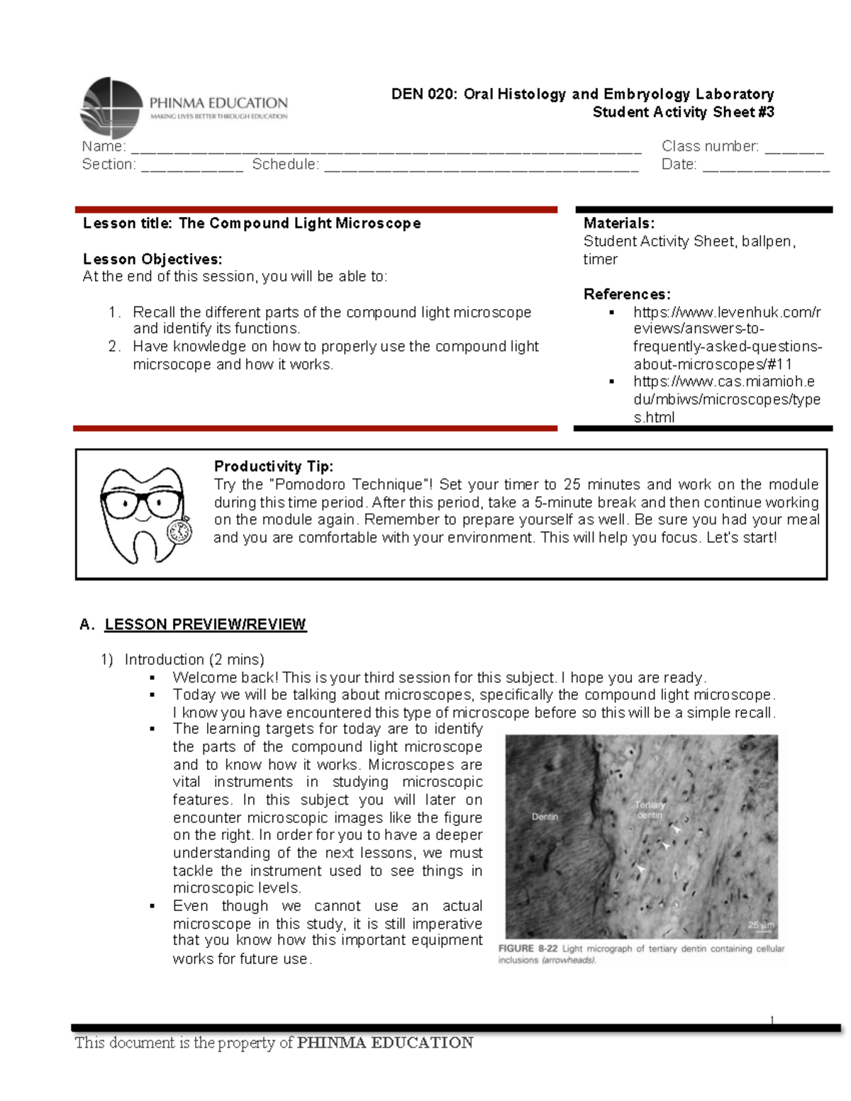 DEN 020: Compound Light Microscope Lesson Activity Sheet - Studocu