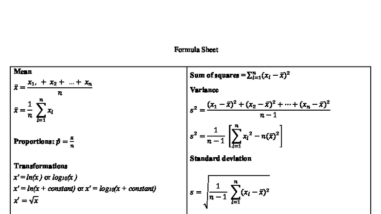 Final Exam W25 - Student Formula Sheet - Studocu