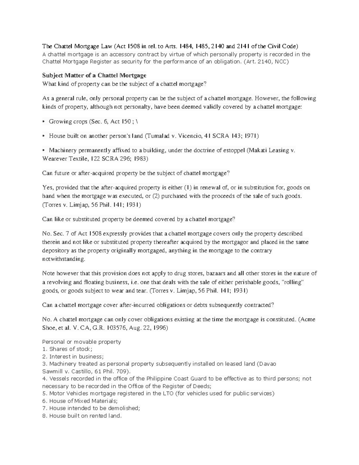 Chattel Mortgage Law: Obligations, Contracts & Annotations - UP - Studocu