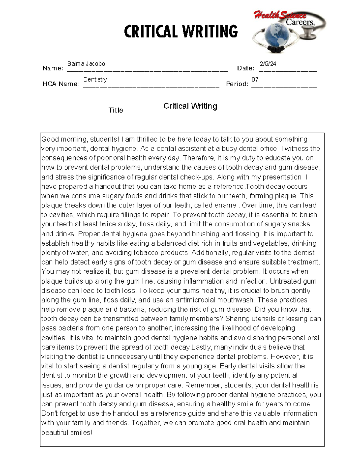 Day 5 critical writing - try to do your work. - CRITICAL WRITING Name ...