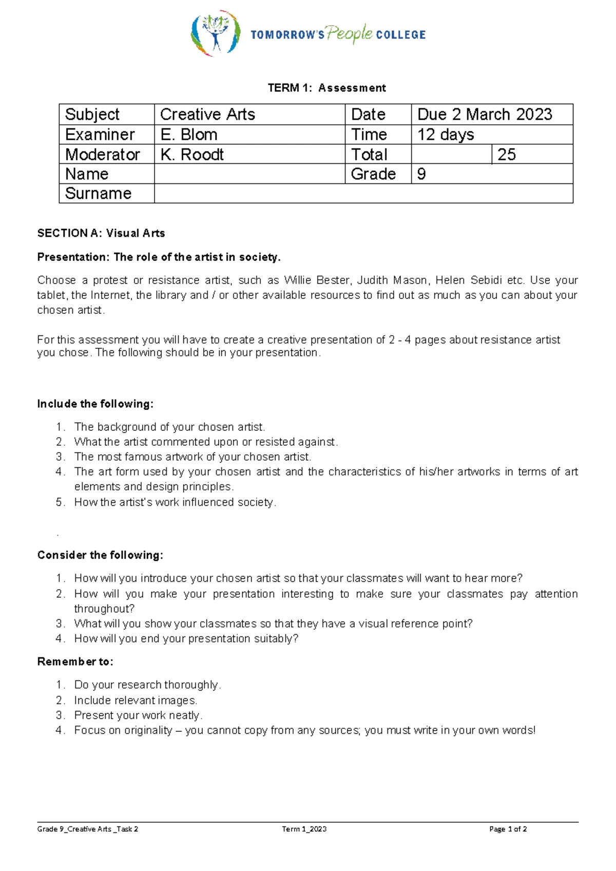 Lesson Plan Gr7 Creative Arts Visual Arts Term 1 Weeks 1 & 2 - Studocu