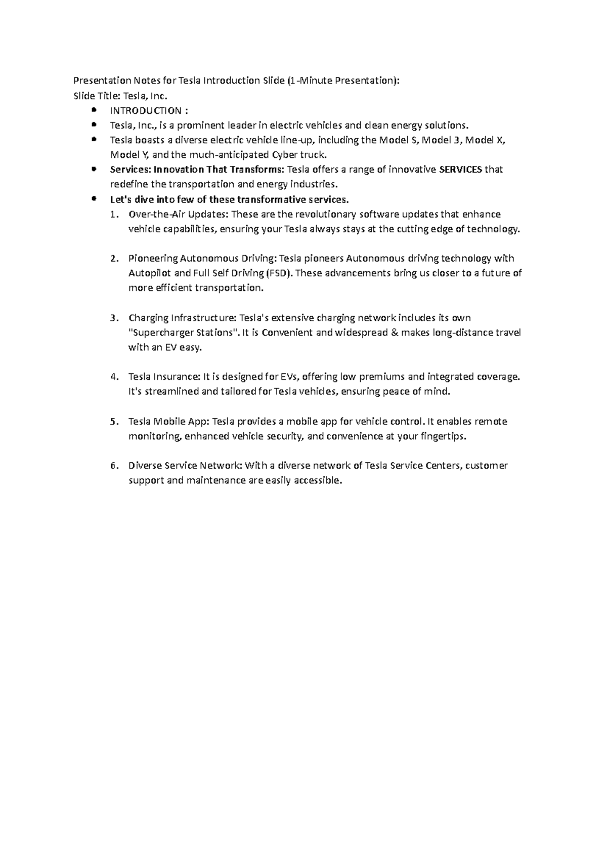 Presentation Notes: Tesla Introduction (1-Minute Overview) - Studocu