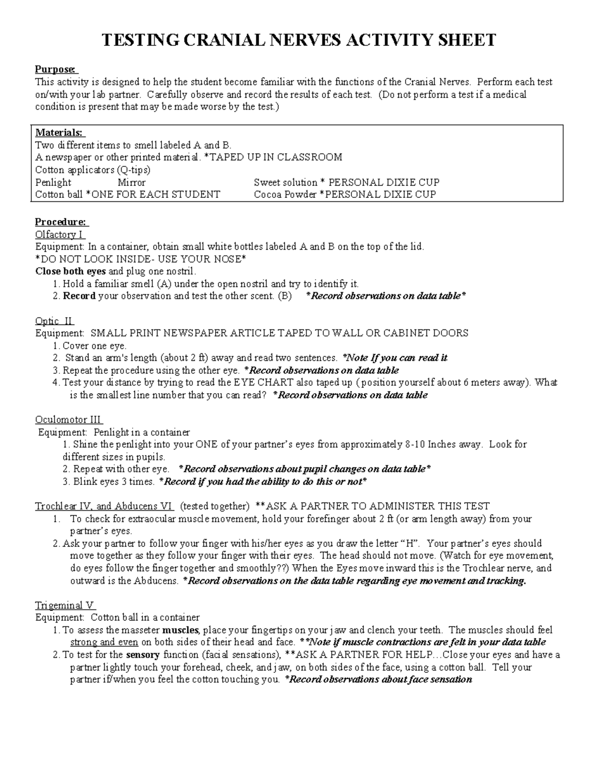 Cranial Nerves Lab Activity Sheet: Testing & Observations - Studocu