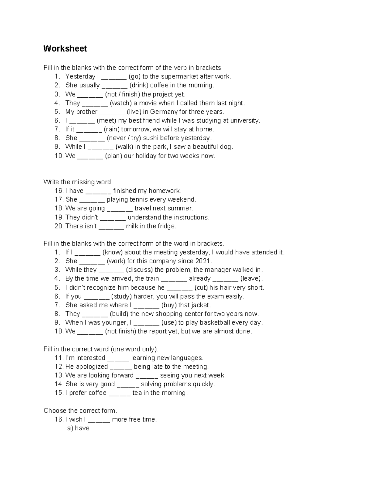 Verb Forms Worksheet: Fill in the Blanks Exercise - Studocu