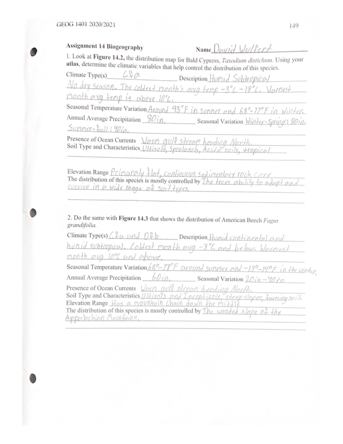 GEOG 1401 Lab 14 Worksheet Answers: Biogeographic Analysis - Studocu