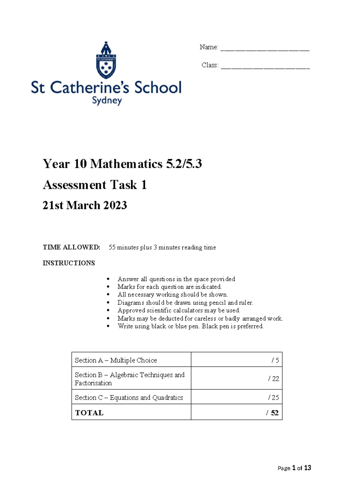 Year 10 Math Assessment Task 1 - Practice Paper (10 5.2 5.3) - Studocu