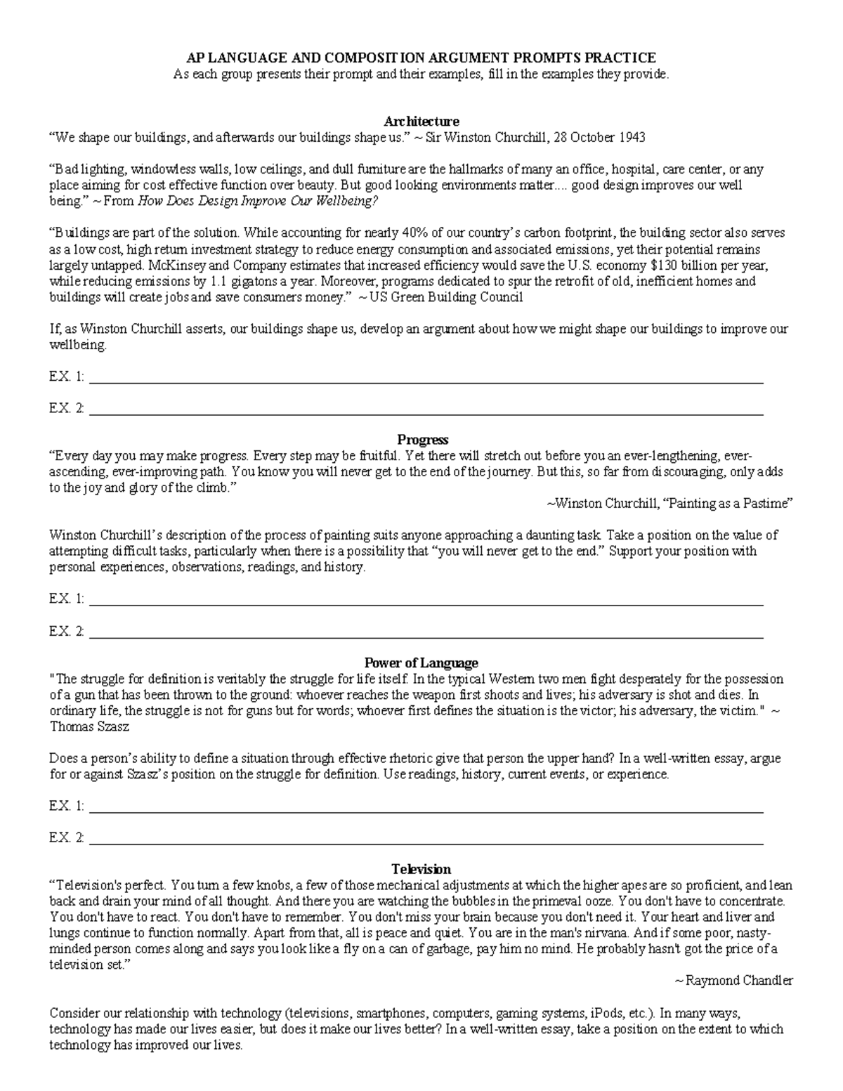 AP LANGUAGE AND COMPOSITION ARGUMENT ESSAY PROMPTS PRACTICE - Studocu