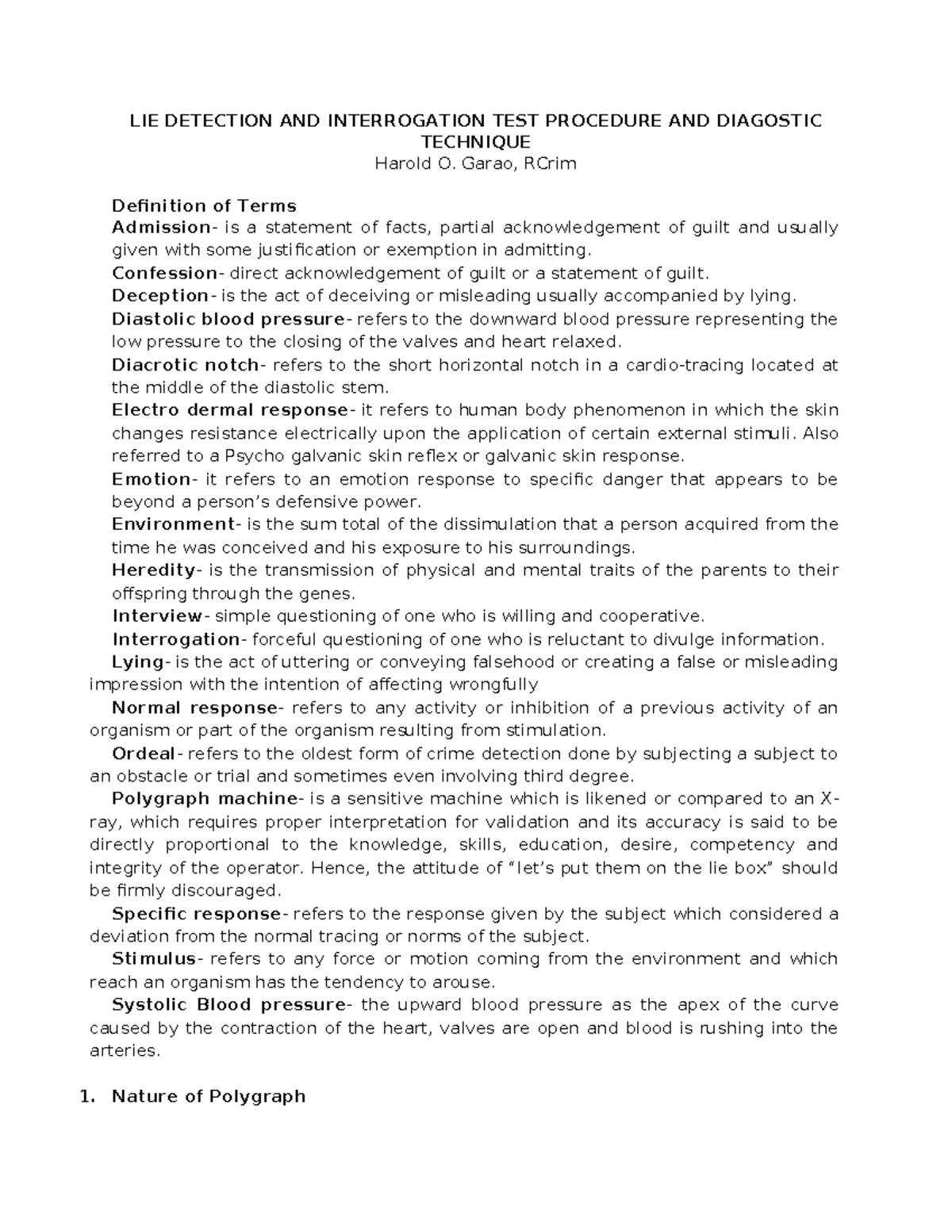 Polygraph Lecture Notes by Boss Dadz - LIE DETECTION AND INTERROGATION ...