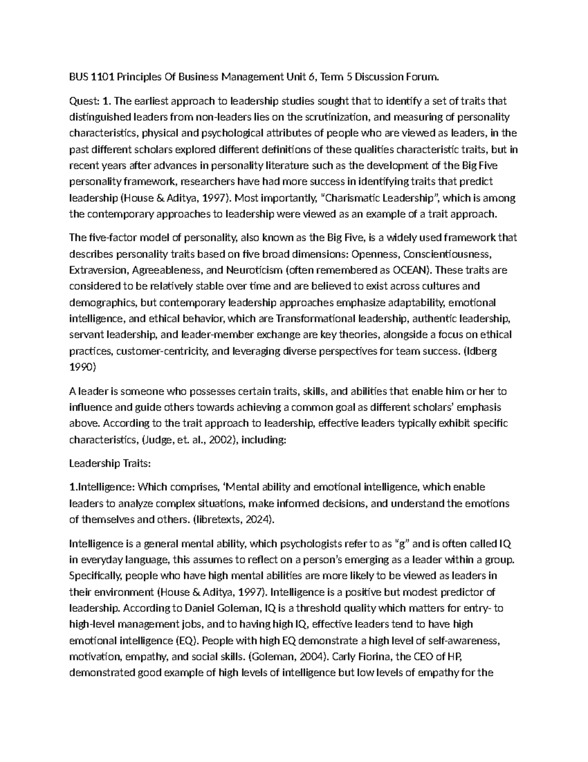 BUS 1101 Principles of Business Management Unit 6 Leadership Traits ...