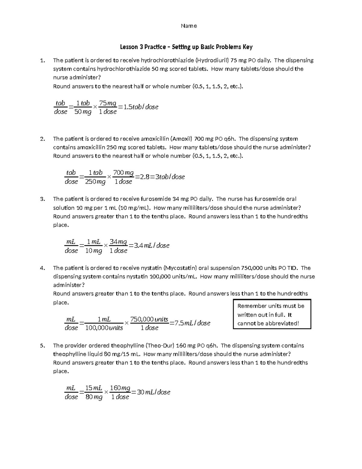 NUR 101 Lesson 3 Practice Key: Basic Dosage Calculations - Studocu