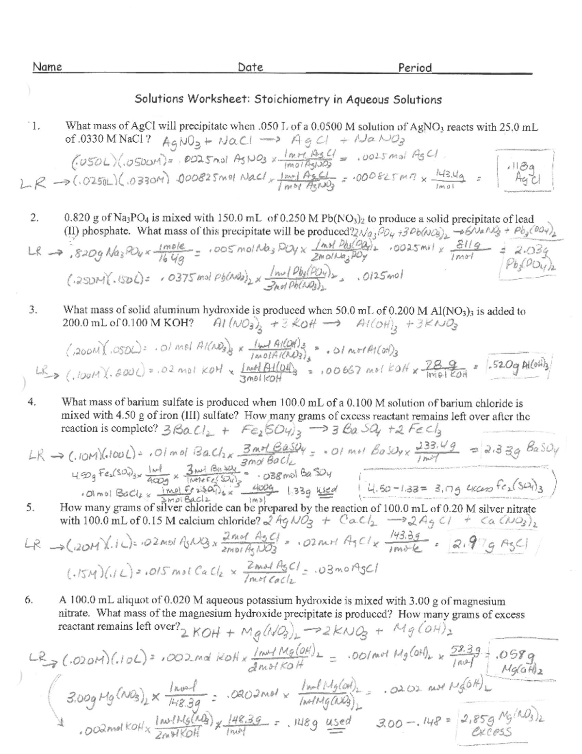 Answers to Stoichiometry in Aqueous Solutions Worksheet - Studocu