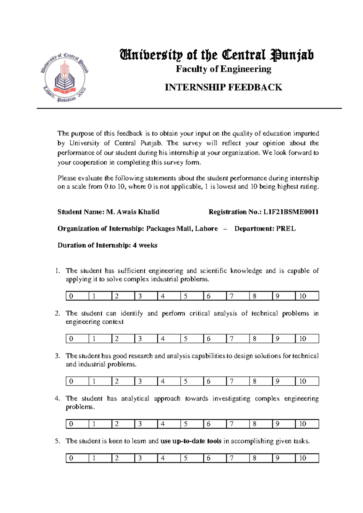 UCP Engineering Internship Feedback Survey - M. Awais Khalid - Studocu