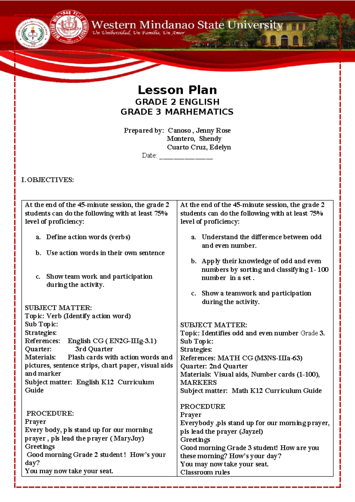 Final Lesson Plan for Elective English 2 & Math 3 - Studocu