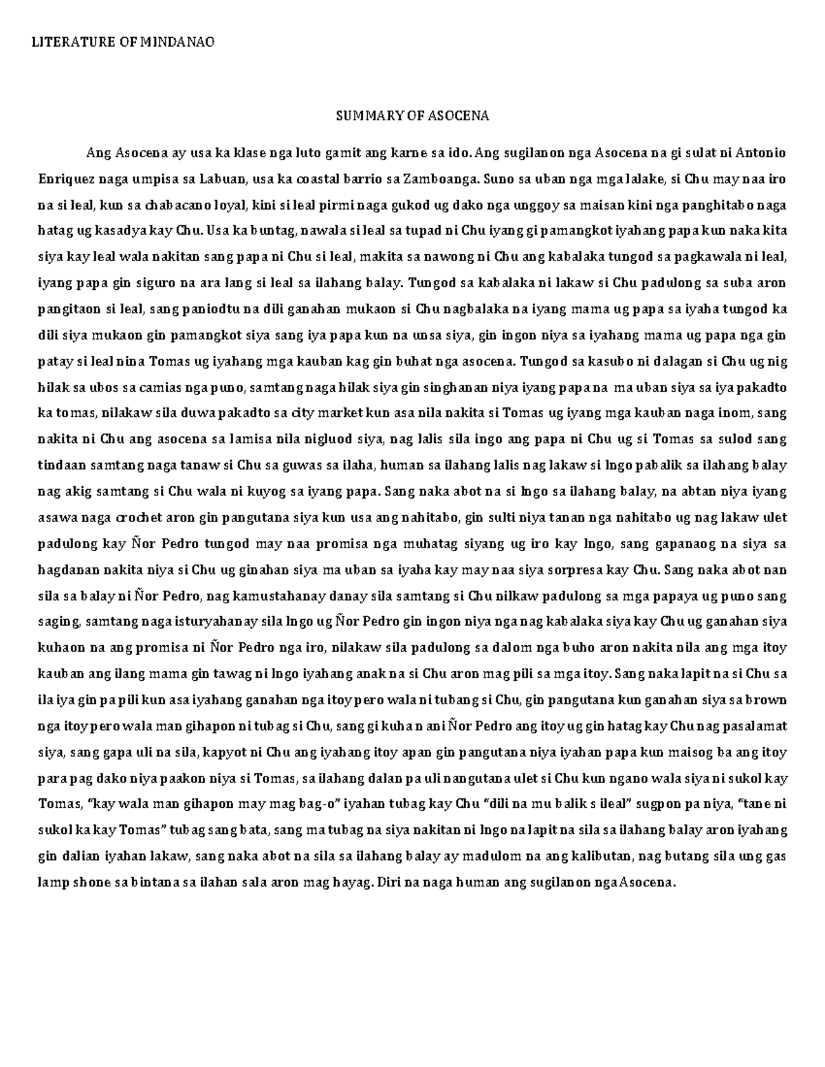 Summary of "Asocena" - Literature of Mindanao (LIT 101) - Studocu