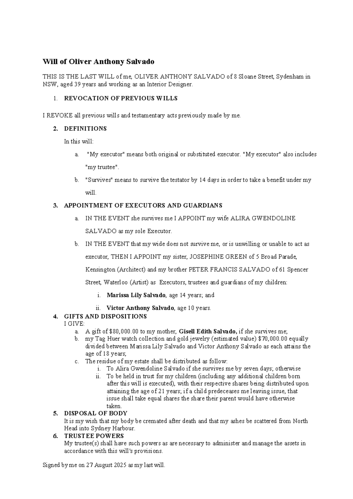Will of Oliver Anthony Salvado - Last Will & Testament - Studocu