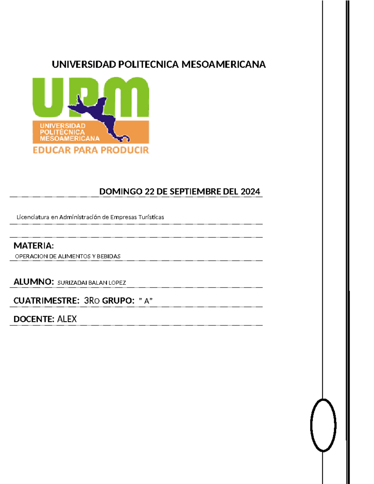 Domingo 22 DE Septiembre DEL 2024 Conceptos - UNIVERSIDAD POLITECNICA ...